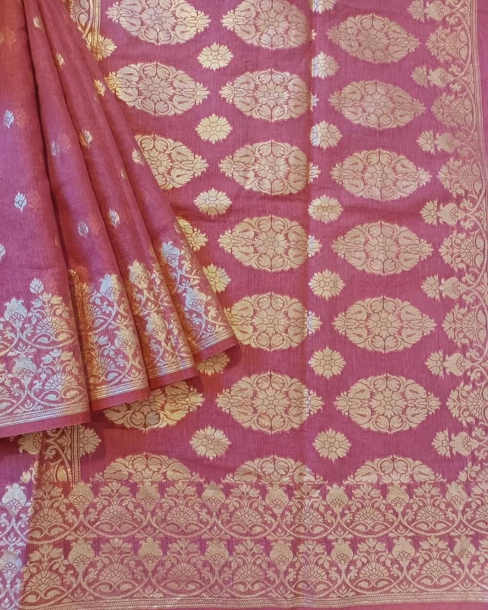 Chanderi Cotton Saree English Pink With Small Floral Buttis
