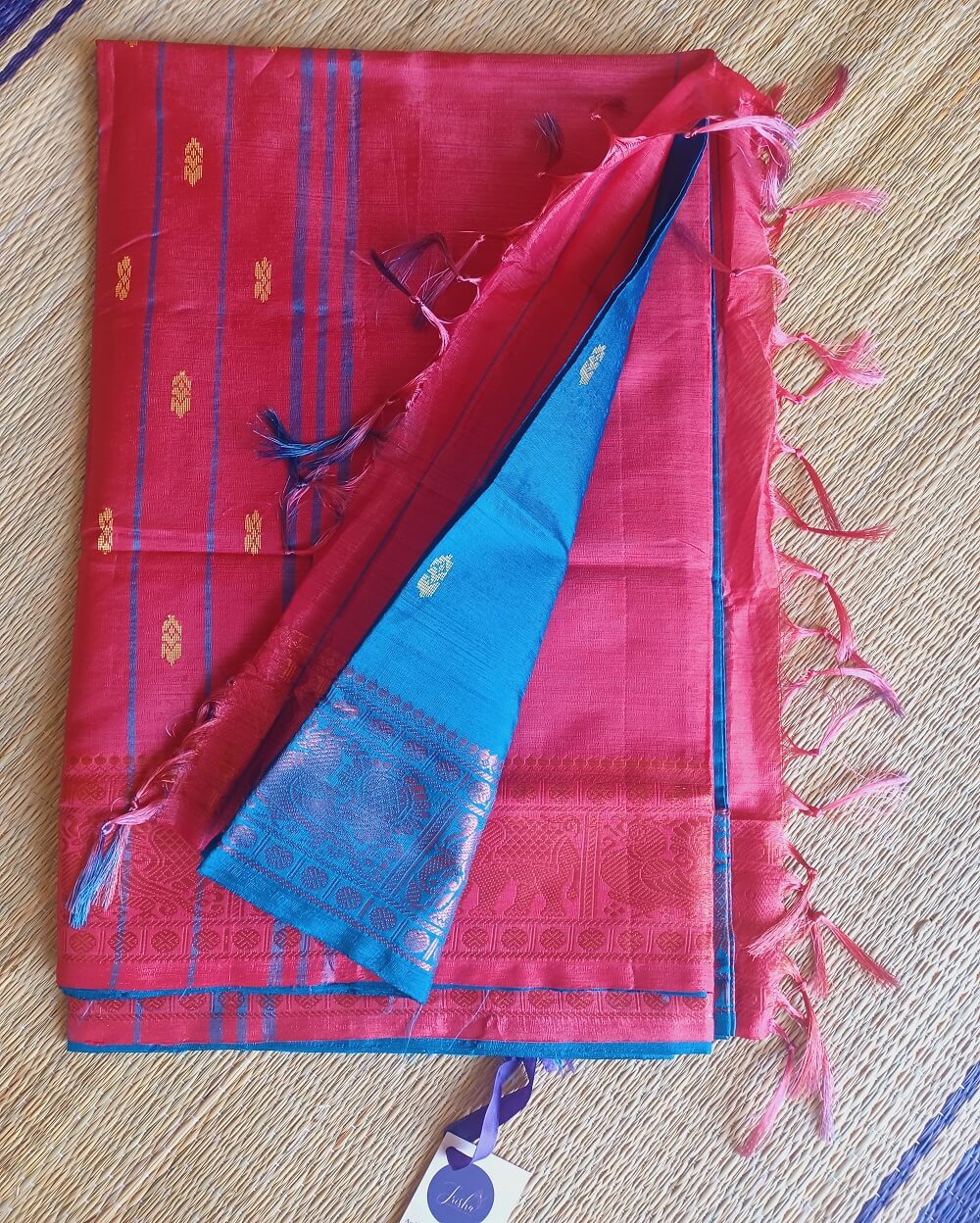 Banana Pith Saree Peacock Blue - Trisha Handwoven Saree