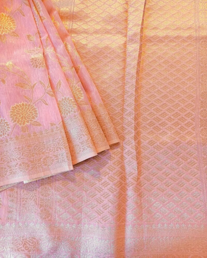 Linen Saree Light Pink With Gold Zari Work